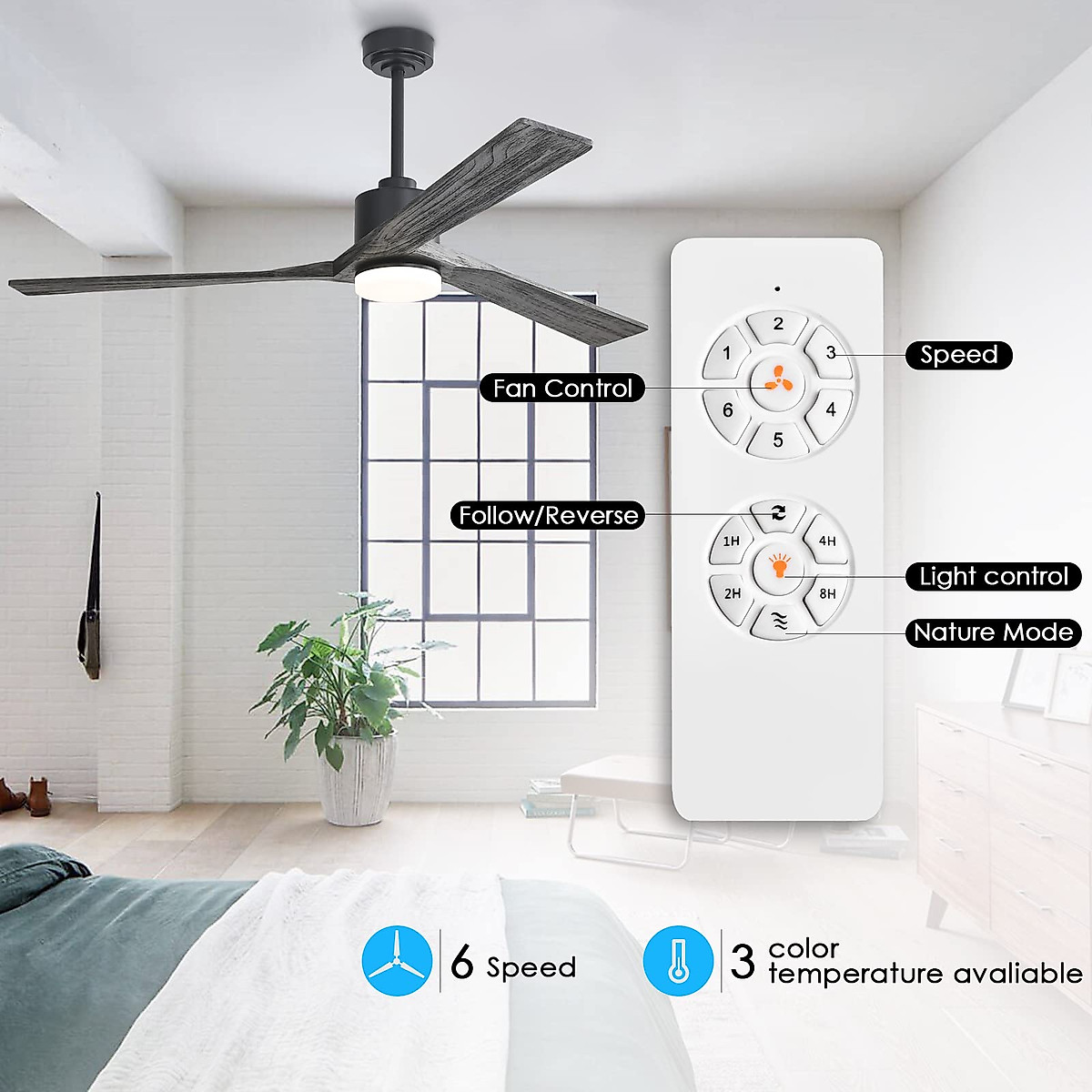 WINGBO 64" DC Ceiling Fan with Lights, 3 Reversible Solid Wood Blades, 6-Speed Noiseless DC Motor, Matte Black Finish Ceiling Fan with Remote, Gray