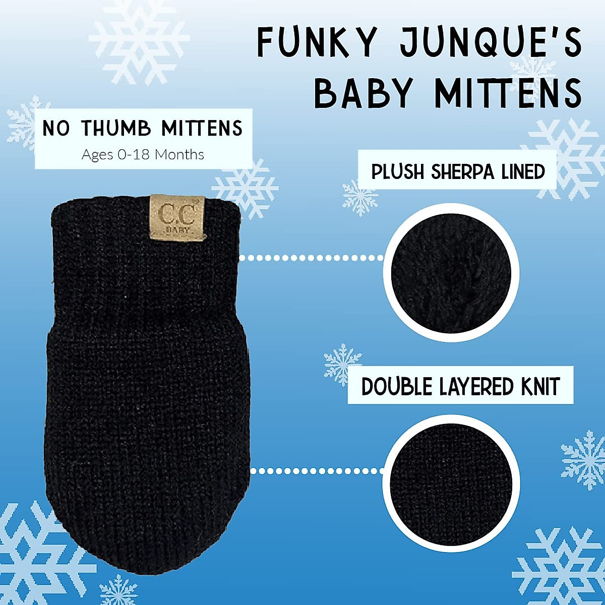 Funky Junque Infant Winter Hat and Mitten Set Newborn Pom Pom Beanie with Fleece Lined Mittens for Baby Boys and Girls (0-9 Mo), Black