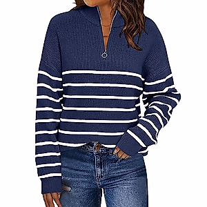 LILLUSORY Women's Quarter Zip Striped Oversized Sweater 2025 Mock Turtleneck Fall Fashion Outfit NavyBlue-White S