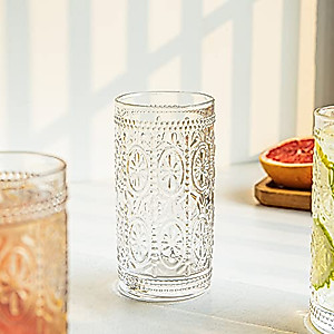 SoulTimes Vintage Glassware Embossed Glass Cups Set of 4, 12 oz Romantic Water Glasses, Highball Beverage Glasses Cup, Cocktail Glasses Drinking Glasses, for Juice, Beverages, Cocktail, Water