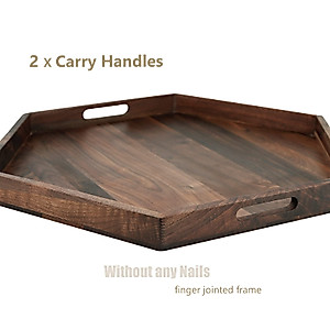 MAGIGO 26 x 22 Inches Extra Large Hexagonal Black Walnut Wood Ottoman Tray with Handles, Serve Tea, Coffee, Classic Hexagon Wooden Decorative Serving Tray