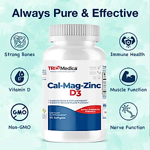 Cal-Mag-Zinc D3 Dietary Supplement (Calcium Magnesium Zinc & Vitamin D3) | Immune, Bones & Teeth Support | Non-GMO | Vegan | Gluten Free | Dairy Free | Kosher | 60 Softgels | (60 Count (Pack of 1))