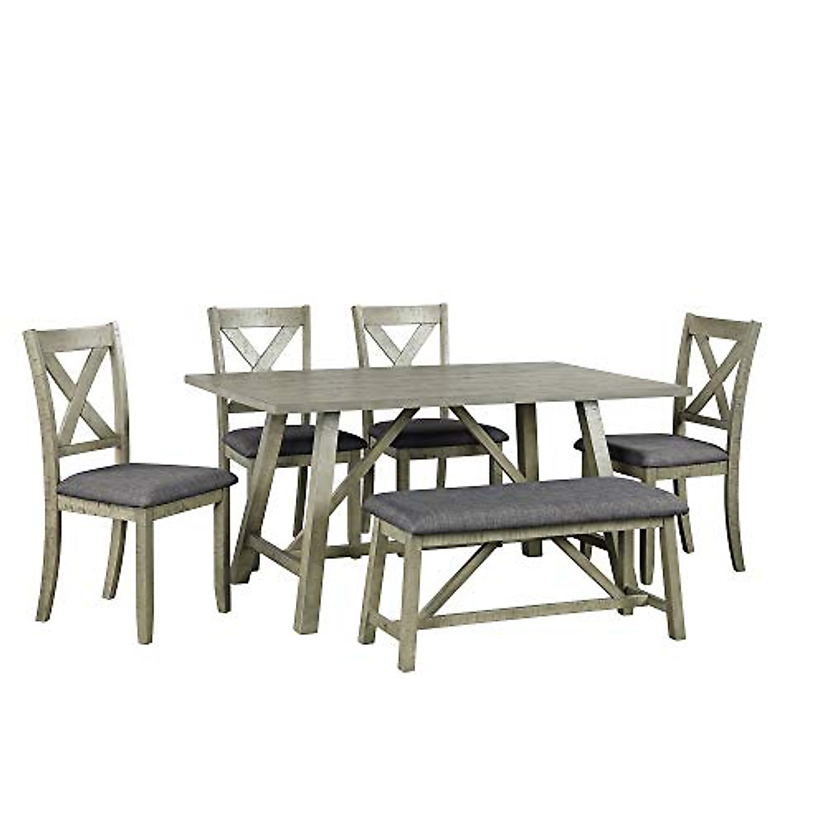 Knocbel Wood Dining Table Sets for 6, Kitchen Dining Room Set Include 1 Table, 1 Padded Bench & 4 Padded Chairs (Gray) (Gray with Wood)