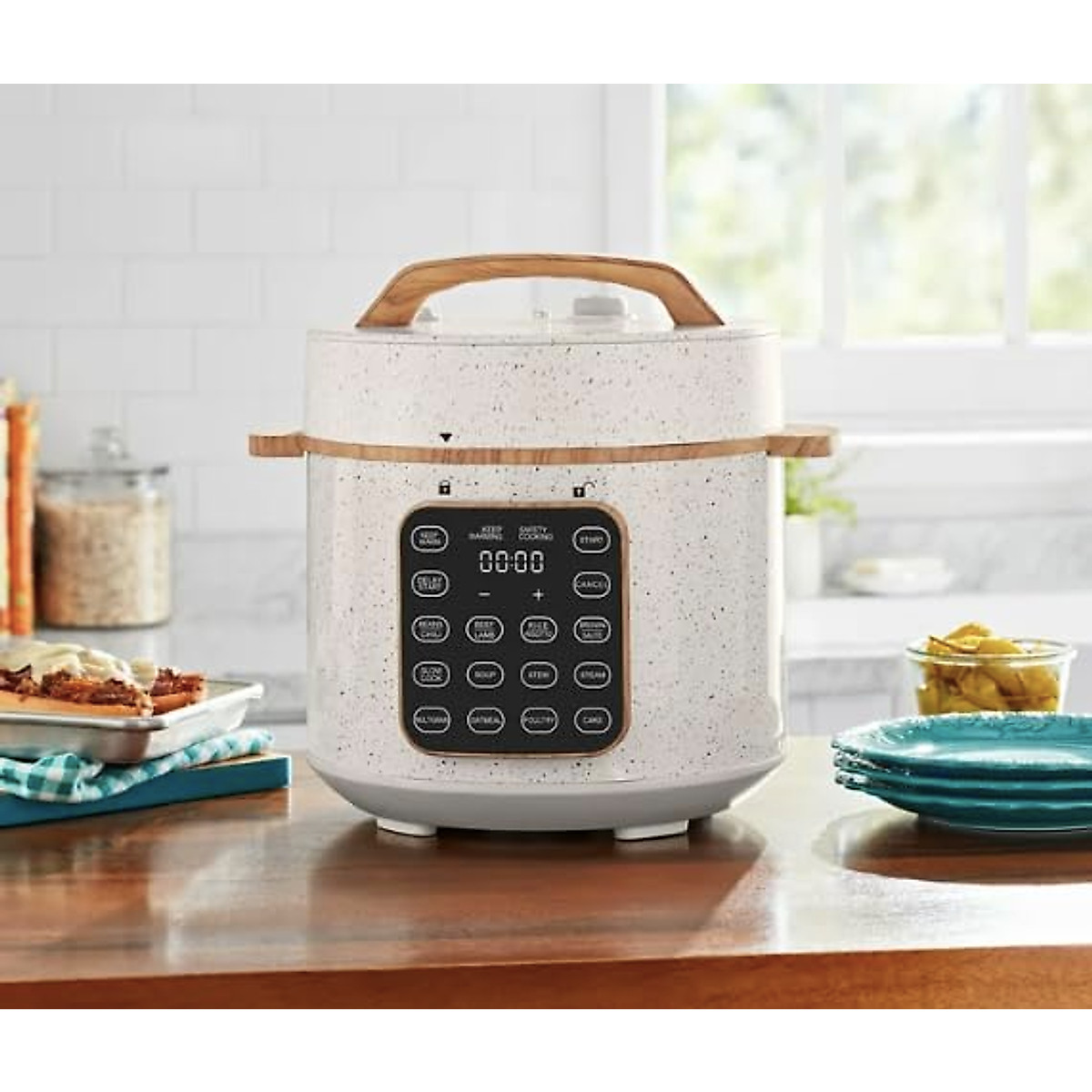 Generic Pioneer Woman 6 Qt Pressure Cooker,Linen Speckle,Wood Grain, Blinking Display, Touch Control