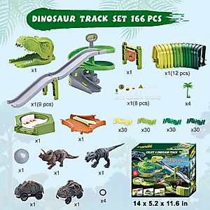 WESPREX Dinosaur Toys Flexible Race Track Toy Set 166 PCS with 2 Dinosaur Cars, Rotary Tower, Slide, Tunnel, U-Turn Station, 2 Dinosaur Figures, Toy Vehicle Playset, Gift for Kids Boys Girls Ages 3+