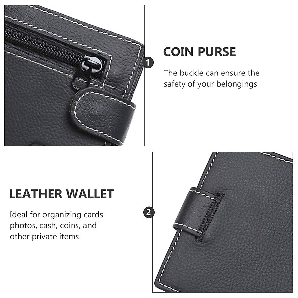 Amosfun Button Wallets for Men snap Wallet with Zipper Coin Pocket Mens Leather- Mens Wallet Buckle Stitching Wallet Coin- Purse Storage Bag (Black)