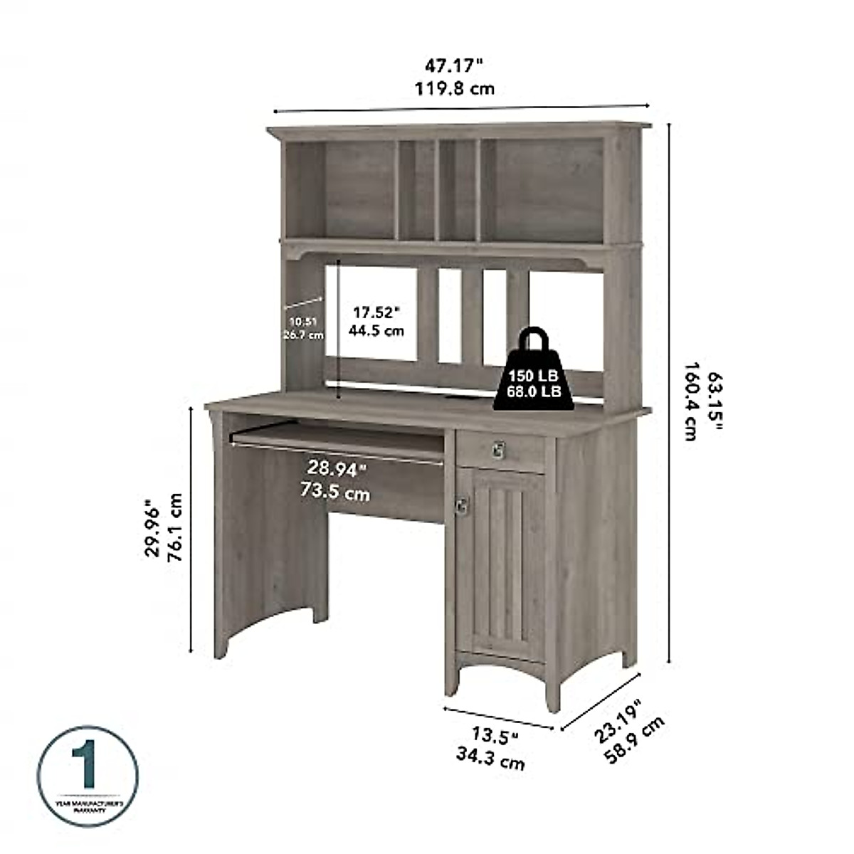 Bush Furniture Salinas Computer Hutch | Study Table with Drawers, Cabinets & Pullout Keyboard/Laptop Tray | Modern Home Office Work Desk with Storage, 48W, Driftwood Gray