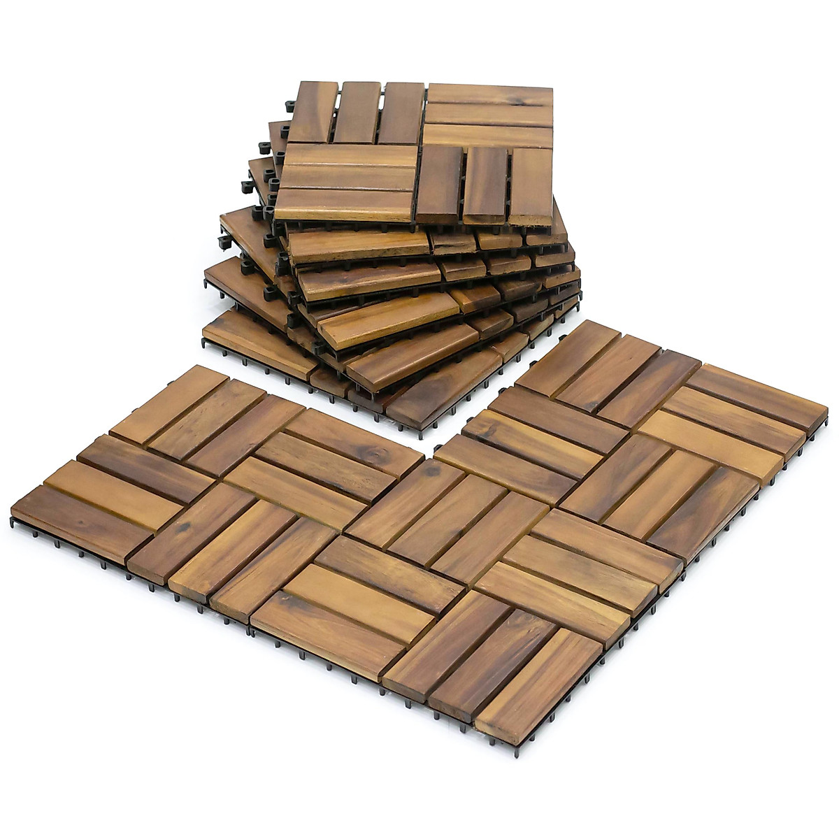 ASESVIDA Acacia Interlocking Deck Tiles - Premium 9 Pack Outdoor Flooring 12 Slats - Waterproof, Durable Wood Patio Tiles for Garden, Balcony, Backyard - Ring Joint Design (12 slats, Acacia, 9)