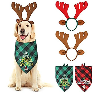 4 Pieces Christmas Dog Bandanas and Reindeer Antlers Headband Set, with 2 Christmas Dog Headband 2 Buffalo Plaid Pets Scarf Xmas Triangle Bibs Kerchief for Medium Large Dogs Pets Costume Accessories