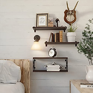 WOPITUES Floating Shelves Wall Mounted, Wood Bathroom Shelves with Extra Storage Shelf, Rustic Wall Shelves for Bathroom, Bedroom, Kitchen, Living Room, Plants - Rustic Brown