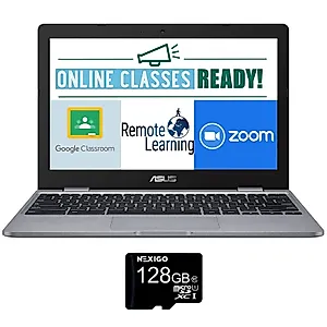 ASUS 2022 Premium Chromebook 11.6 Inch Laptop with Webcam| Intel Celeron N3350 up to 2.4 GHz| 4GB RAM| 16GB eMMC| Bluetooth| WiFi| Chrome OS + NexiGo 128GB MicroSD Card Bundle