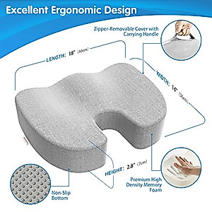 Bomdaia Coccyx Seat Cushion for Office Chair, Memory Foam Seat Cushion for Long Sitting, Non-Slip Desk Chair Car Seat Cushion for Back Pain, Sciatica Relief (Gray)