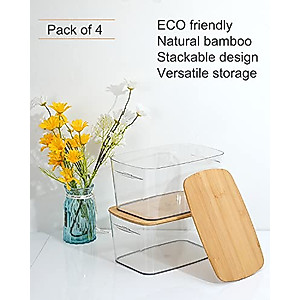 Storage Bins with Lids 4 Pack Stackable Clear Plastic Storage Bins with Bamboo Lids, Refrigerator Organizer Bins,Small Storage Containers for Organization and Storage, Sturdy and Stackable, 6.8 Quart