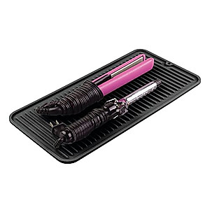 mDesign Silicone Heat-Resistant Hair Care Styling Tool Mat for Curling or Flat Irons, Straighteners on Bathroom Countertop, Raised Edges, Non-Slip, Waterproof, Small, Linelle Collection, Black