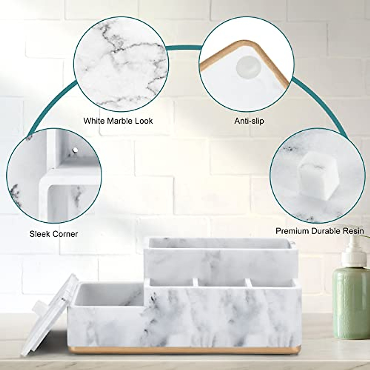 Toothbrush Holder, Aimou Bathroom Organizer Countertop, Bathroom Counter Storage Electric Toothbrush Toothpaste Razor Holder for Bathroom/Vanity, Cotton Ball, Cotton Swab, Floss, Marble White