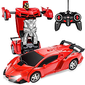 Transformable Remote Control Car for Boys 4-7 8-12 Gifts, 1:18 Transform Robot Toy Car with 360° Rotating Led Lights & One Button Deformation, Kids Robot Toys for 3 4 5 6 7 8 9 10+Years Old, Red