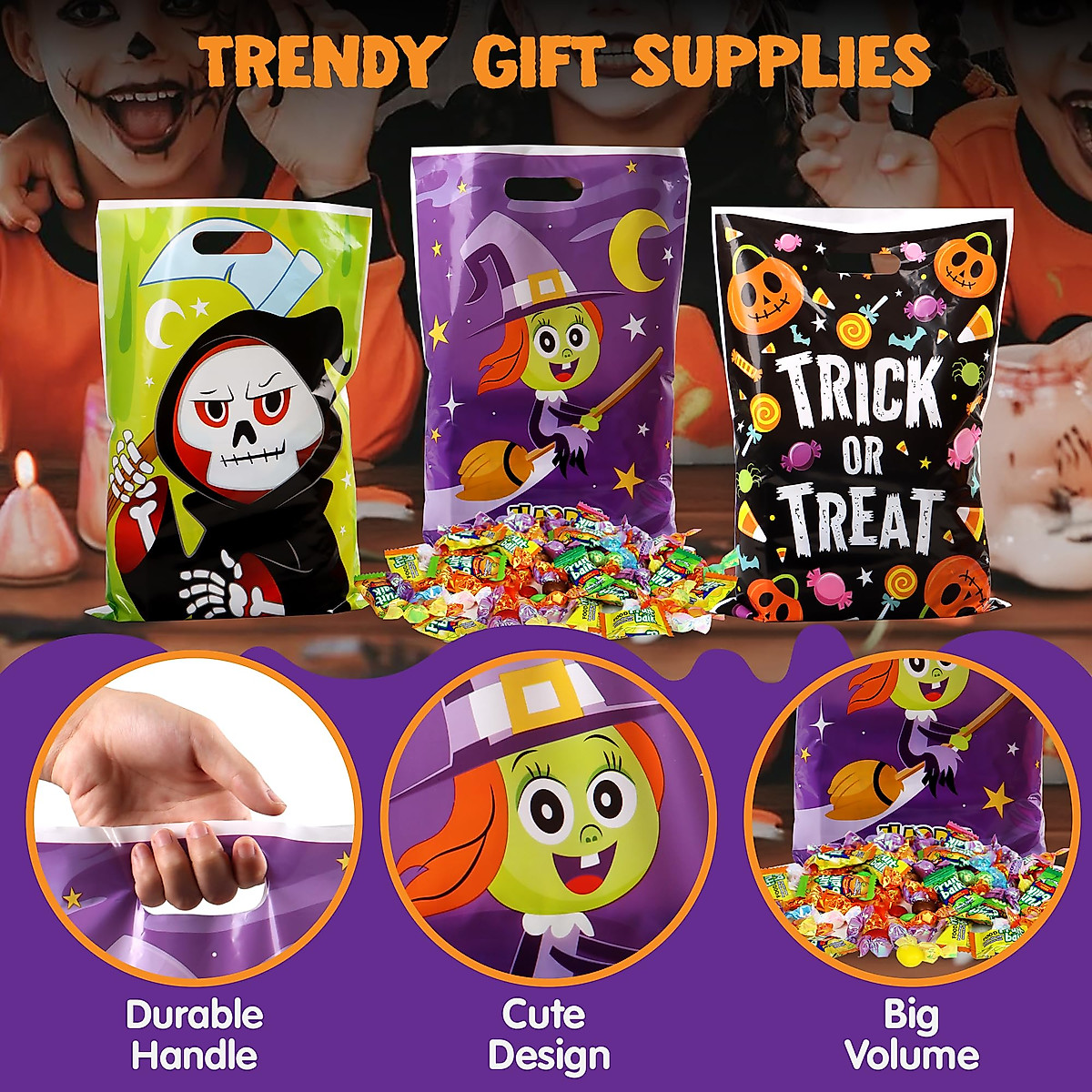 JOYIN 72 Pcs Halloween Candy Bags, Trick or Treating Goodie Bags in 6 Halloween Character Themed Designs for Kids Halloween Party Favor, Plastic Snacks Stuffers Bag for Party Supplies