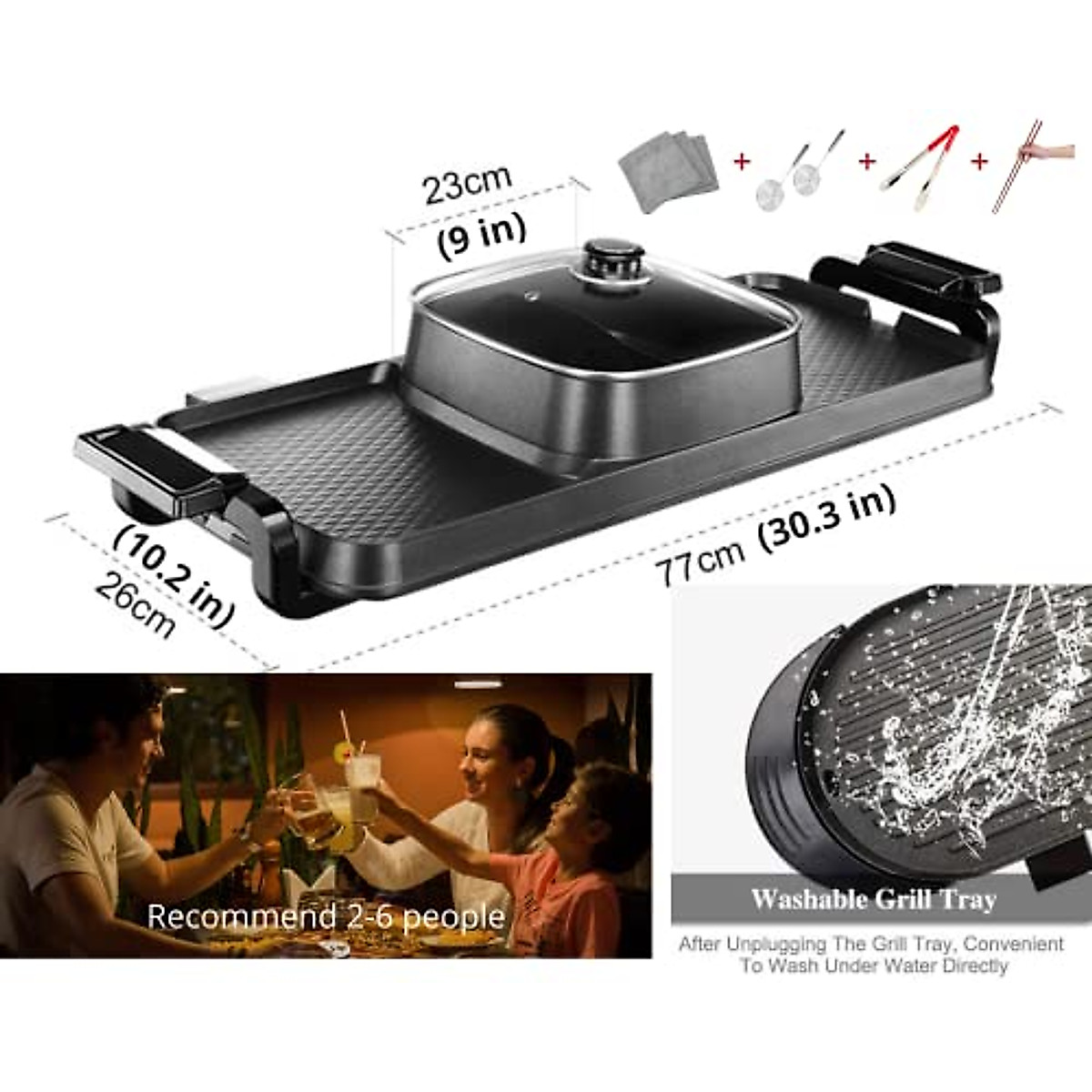 Soup N Grill V3 Hotpot Grill Combo, Indoor Korean BBQ, Shabu Shabu Electric Hot Pot with Divider, Portable with Free Strainer Scoops, Extra Long Chopsticks, Tongs, Cloths, Smokeless Grill