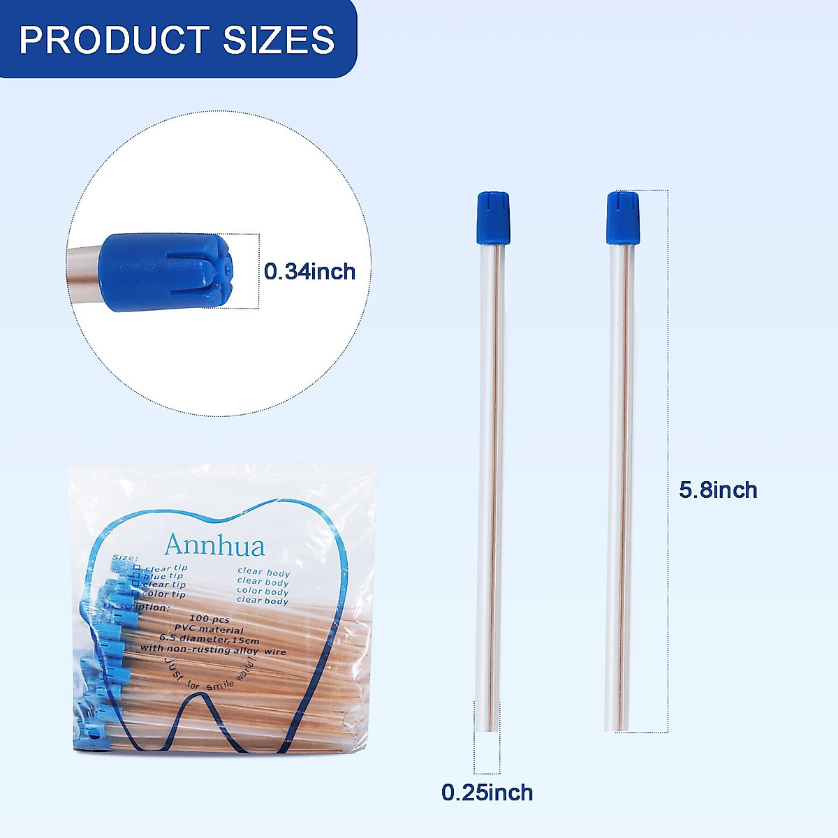Annhua Saliva Ejectors Disposable Dental Suction Tips Pack of 100, Evacuation Suction Tips Saliva Aspirator Tube Clear with Blue Tips