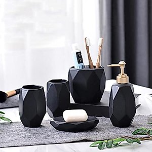 JINYISI Bathroom Accessory Set,5 Piece Ceramic Bathroom Accessories Set,Toothbrush Holder Set,Bathroom Sets Accessories (Black/White)