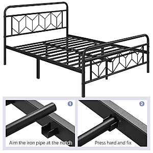 Yaheetech Metal Platform Bed Frame Mattress Foundation with Diamond Pattern Headboard/Footboard/Heavy Duty Steel Slat Support/Under Bed Storage/No Box Spring Needed/Queen Size Black