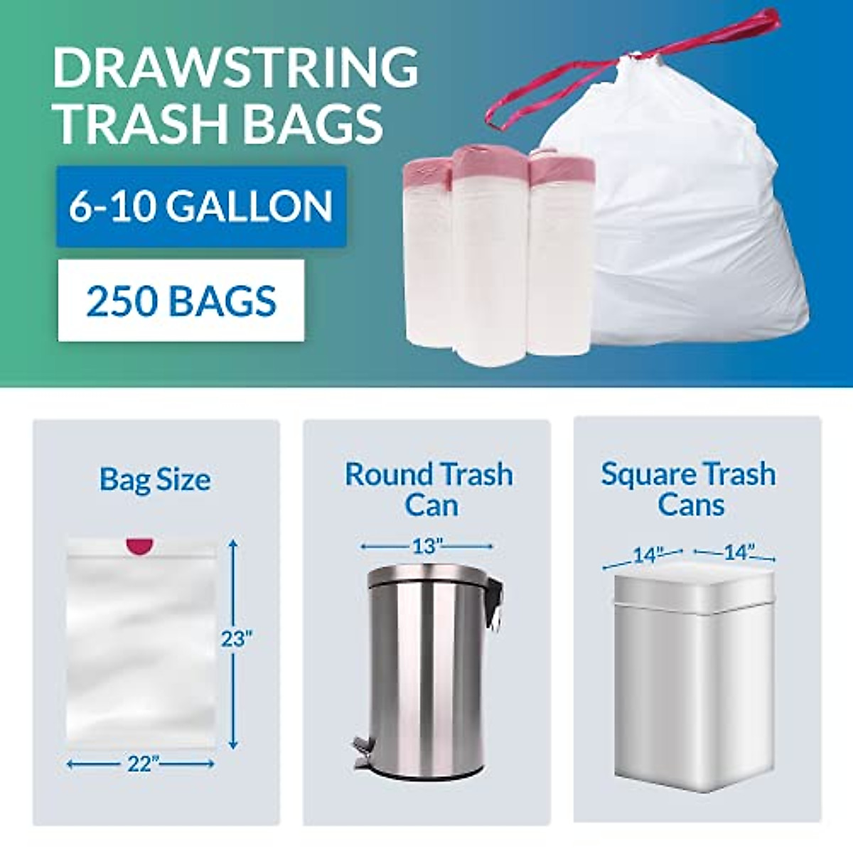 Reli. 8-10 Gallon Trash Bags Drawstring | 250 Count | 22"x23" | 6, 8, 10 Gallon Drawstring Garbage Bags | White Trash Can Liners | Small - Medium Bags