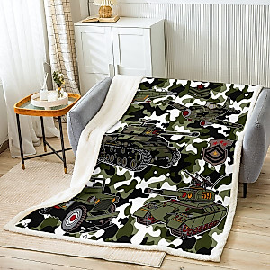 Tank Throw Blanket,Aircraft Camouflage Design Fleece Blanket War Theme Bed Blanket for Kids Child Teens Boys Man Soft Army Green Flannel Blanket, Throw Size (50 x 60 Inches)