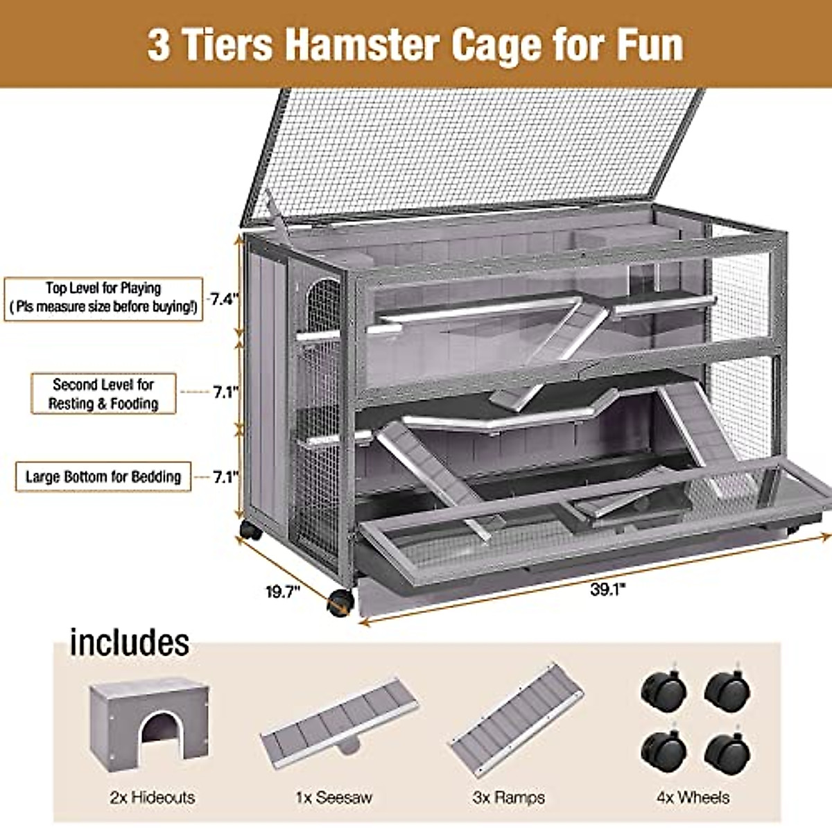 Guinea Pig Cage 3 Levels Ferret Cage, Small Animal Cage | Hamster Cage Rat House - Easy to Clean Leak Proof Tray (Grey, 3 Tiers)