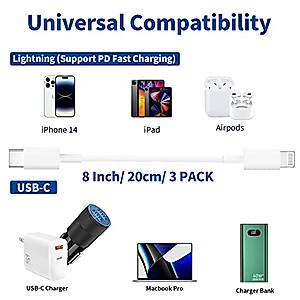 [Apple MFi Certified] Short USB-C to Lightning Cable (3Pack 0.6FT), iPhone Fast Charger Cable USB-C Power Delivery Charging Cord High Speed Data Sync for iPhone 14 13 12 11 Pro XS XR X 8 iPad Airpods