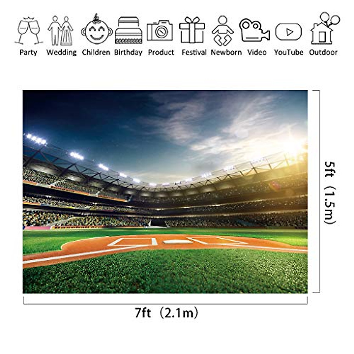 Riyidecor Green Baseball Field Backdrop Fabric Polyester Stadium 7Wx5H Feet Photography Background Art Fabric Booth for Children Decorations Birthday Festival Event Props Party Photo Studio Shoot