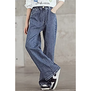Sitmptol Teen Girls Blue Ripped Jeans Wide Leg High Waist Denim Trousers Loose Streetwear Jeans Baggy Pants Denim Blue 160 11-12 Years