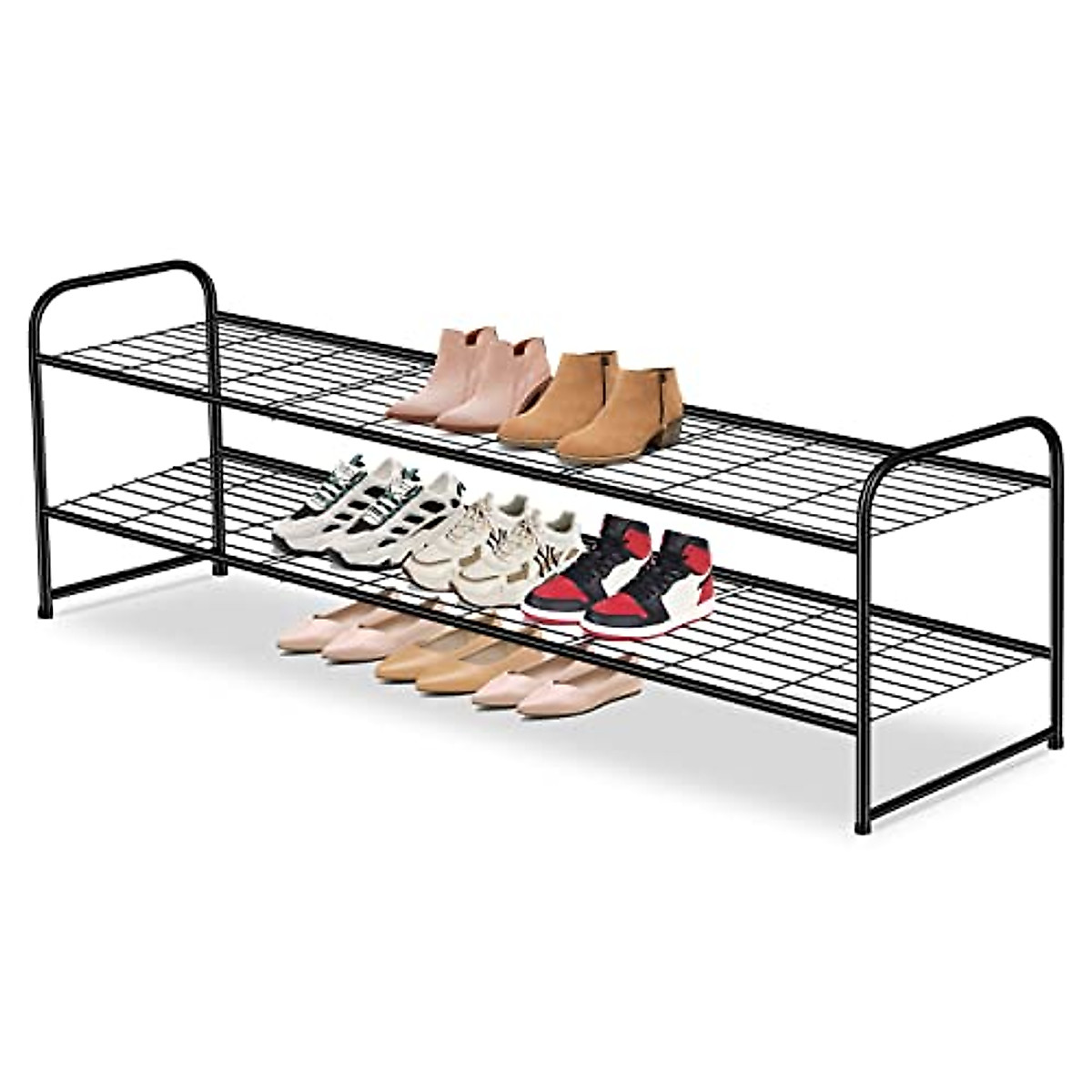 AOODA Long 2 Tier Shoe Rack for Closet Metal Wide Stackable Shoe Storage Organizer for Entryway, Bedroom, Floor, 18-Pairs Low Shoe Shelf, Black