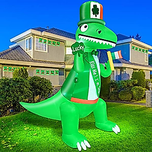 TURNMEON 8 Ft Tall 10 Ft Long Giant St. Patrick's Day Inflatable Decoration Outdoor, Blow Up Dinosaur Holding Irish Flag Shamrocks Hat Sash with LED Lights St Patrick Day Decorations Yard Garden Lawn