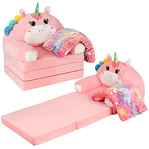 Burbell Toddler Chairs Comfy Toddler Couches That Fold Out with Blanket 2-in-1 Kids Fold Out Couch Velvet Toddler Couch Foldable Chairs for Toddlers Convertible Sofa to Lounger(Pink,Unicorn)