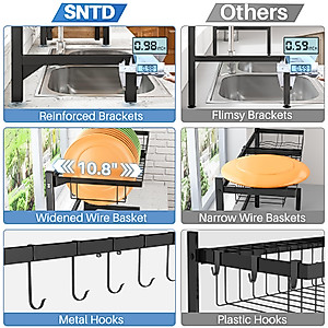 SNTD Over The Sink Dish Drying Rack, Width Adjustable (26.8" to 34.6") 2 Tier Dish Rack Drainer for Kitchen Counter Organization and Storage, Utensil Sponge Holder Sink Caddy Dryer Rack Black
