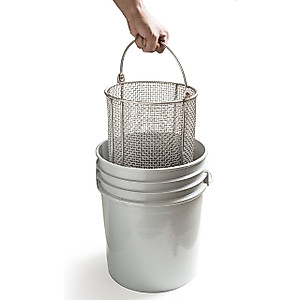 Stainless Seel Parts Cleaning Basket, 9-1/2" Diameter x 12" H, Fits 5 gal Bucket (Bucket Included), AnySizeBasket DND-095RND120-C04S-B, 304 Stainless Steel Dip-And-Drain Mesh Basket, Swinging Loop Handle,