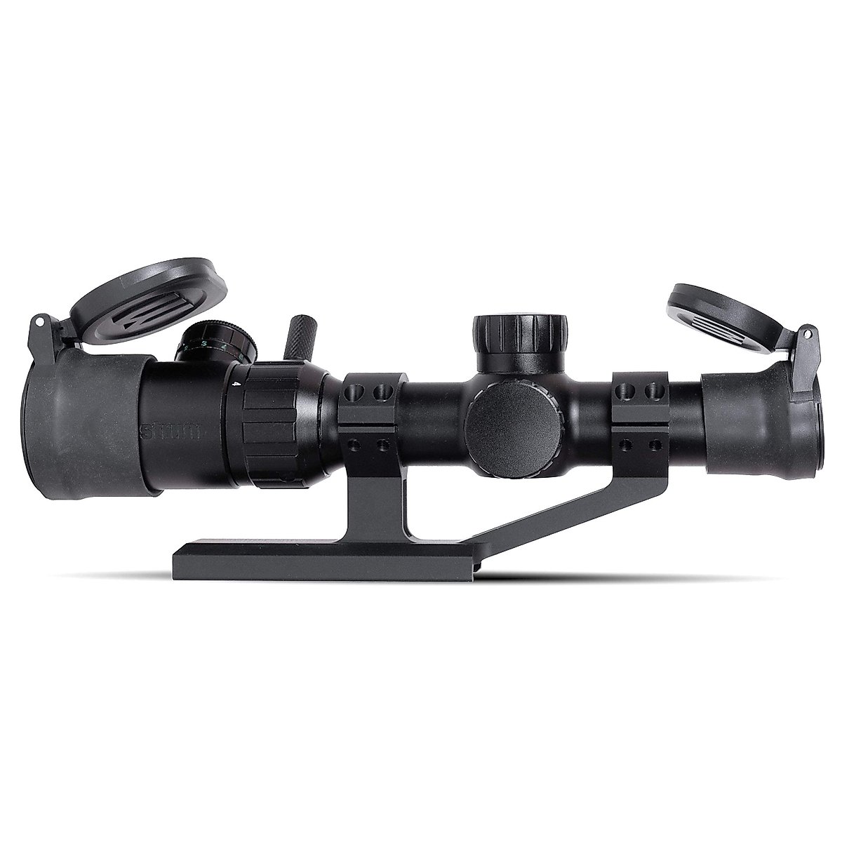 Monstrum 1-4x20 Rifle Scope with Rangefinder Reticle | ZR255 H-Series Offset Scope Mount | Monstrum Flip Up Lens Cover Set | Bundle