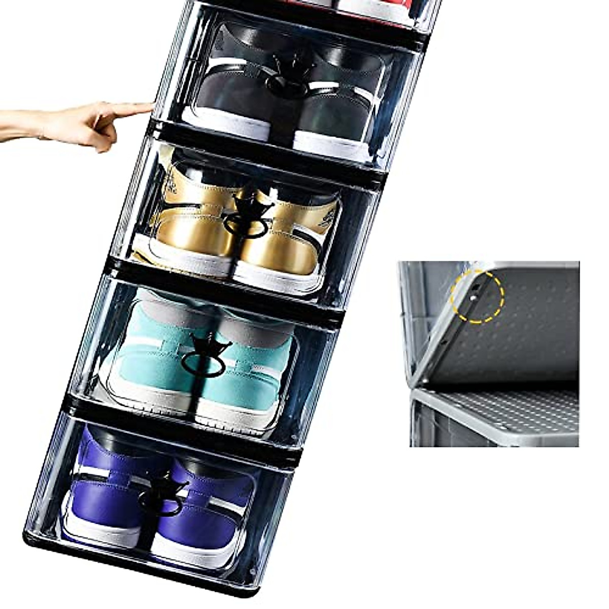 kicksluoplug KM,Shoe Storage Box,Arc-Shaped Safe Plastic box, Set of 4,Shoe Organizer for Display Sneakers,Stackable Clear box,Fit up to US Size 12(13.4inx 9.84inx 7.1in) (Black)