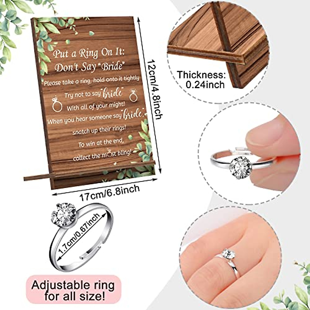 Put a Ring on It Bridal Shower Game with 100 Pcs Metal Fake Rings, Rustic Greenery Bridal Shower Favors Not Say Bride Rules Wedding Shower Games Wooden Bridal Shower Gifts for Guests (Silver)