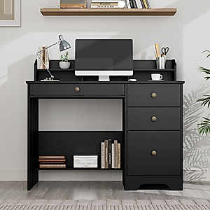TTVIEW Computer Desk with Drawers and Hutch Shelf, Wood Executive Desk Writing Study Table with 43” Wide Tabletop, Small Desk with File Drawer for Home Office Bedroom, Black