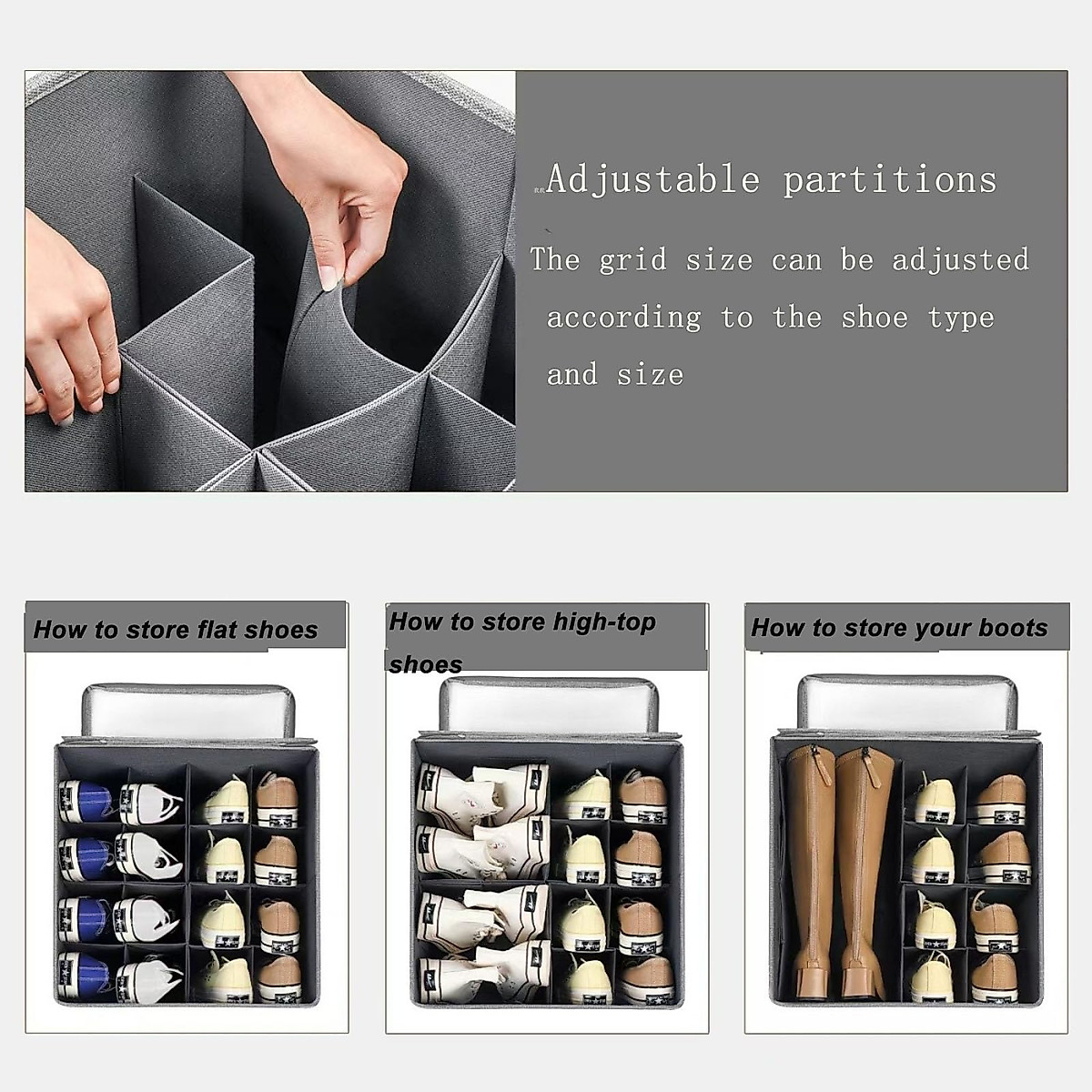 Generic Shoe Organizer for Closet,Foldable Shoe OrganizersContaine with Clear Cover，Adjustable DividersStorage Boxes for Closet ，16 Pairs，gray+white