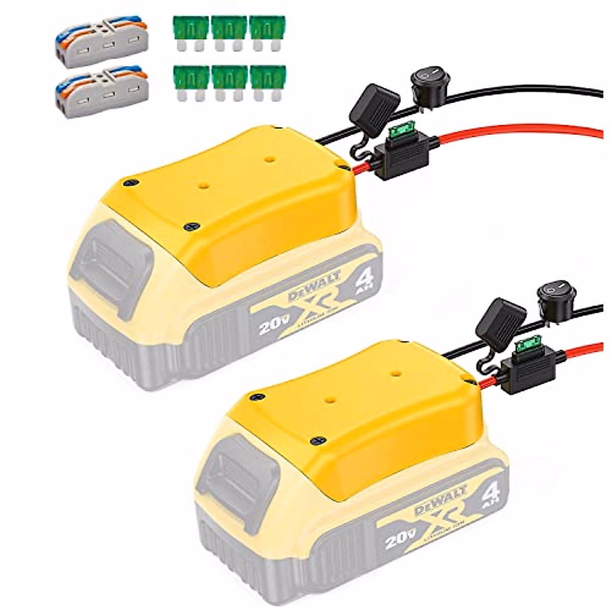 2 Pack Power Wheel Adapter for Dewalt 20V Battery Series with Fuse, Switch & Wire Terminal, 3Pcs 30A Fuse, 12 AWG Wire Battery Converter Connector DIY for RC Toys, Robotics, Truck and Work Lights (2)