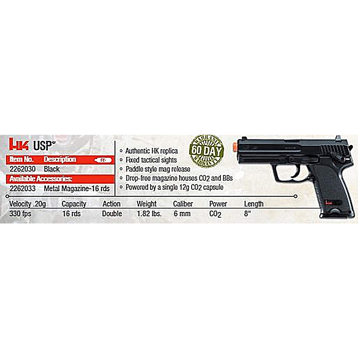 Elite Force HK Heckler & Koch USP CO2 Powered 6mm BB Pistol Airsoft Gun, Standard Action, Black