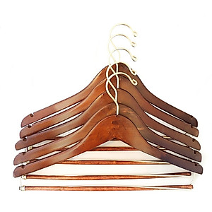 Quality Hangers Wooden Hangers Beautiful Sturdy Suit Curved Hangers Great for Travelers Heavy Duty Coat Hanger with Locking Bar Gold Hooks (5 Pack)