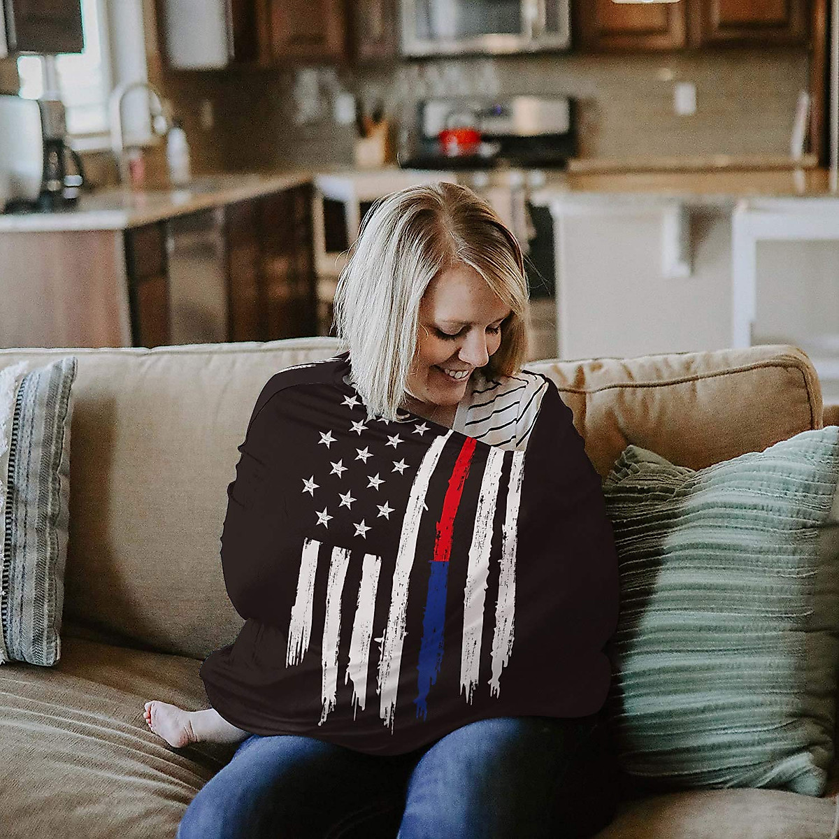 Independence Day Baby Nursing Cover Carseat Canopy Patriotic Stars American Blue Red Lines Flag Breathable Privacy Breastfeeding Scarf Multi Use Car Seat Covers for Boys or Girls