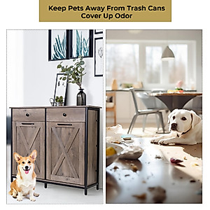 Arlopu Double Tilt Out Trash Cabinet, 20 Gallon Pet Proof Kitchen Pull Out Recycle Cabinet, Freestanding Wooden Laundry Sorter Cabinet, W/Drawer, Barn Door, for Home, Living Room, (Greige)