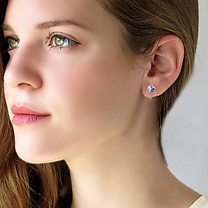 Round Austrian Crystal Stud Earrings for Women Fashion 925 Sterling Silver Hypoallergenic Jewelry (Vitrail Light)