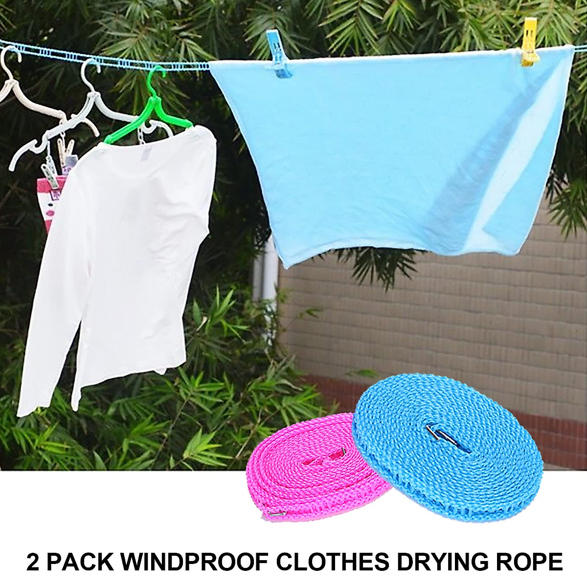 Gouccpu Nylon 2 Pack 13.5ft/8m Clothesline, Portable Windproof Non-Slip Laundry Drying Hanger Rope, Travel Clothes Line with Adjustable Length for Home Hotel Camping Outdoor Indoor Use