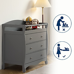 Guangshuohui 3-Drawer Changing Table, Wooden Bed Nursing Table Infant Diaper Changing Station with Drawers, Safety Rails & Strap, Baby Changing Table Dresser for Nursery, Easy Assembly (Grey)