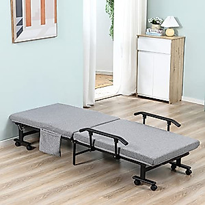 HOMCOM Rollaway Bed, Folding Bed with 3.25" Mattress, Portable Foldable Guest Bed with Adjustable Backrest, and Metal Frame on Wheels, Light Grey
